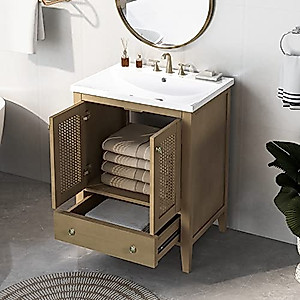 PEIHONGET 24" Bathroom Vanity with Ceramic Basin, Rattan Bathroom Storage Cabinet with Two Doors and Drawer, Freestanding Bath Vanity Cabinet Soft Closing, Solid Wood Frame (Natural)