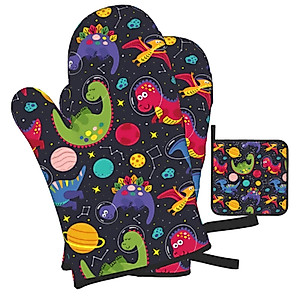 Cute Dinosaur in Space Oven Mitts and Pot Holders Heat Resistant Anti Scald for Kitchen Cooking Baking Grilling Sets of 3