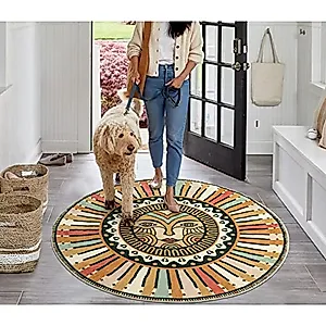 Sungea Retro Sun Round Rug for Bedroom, 4ft Soft Circle Washable Area Rug, Entryway Non-Slip Low Pile Throw Rugs, Carpet for Sofa Nursery Living Dining Room