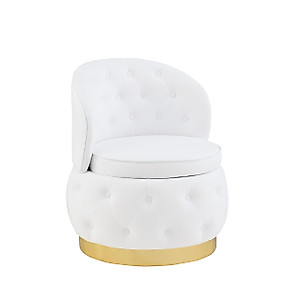 Accent Chair Barrel Chair with Storage Function Round Armchair Small Accent Chair Comfy Tufted Button Cushion for Living Room Bedroom Office (White)