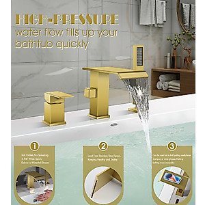 Modern Roman Tub Faucet with Hand Shower, Deck Mount Tub Filler Bathtub Faucet with Sprayer, Single Handle Bathtub Faucet Set, Widespread 3 Hole Bathtub Faucet (Brushed gold-Wide Spout)