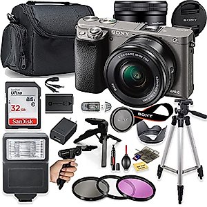 Sony a6000 Mirrorless Camera (Graphite) with 16-50mm OSS Lens + Deluxe Bundle Including Sandisk 32GB Card, Case, Flash, Grip Tripod, 50" Tripod, and More
