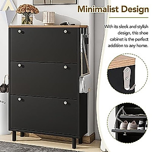 Goohome Narrow Design Shoe Cabinet with 3 Flip Drawers, Wood Grain Pattern Top Entryway Organizer with 3 Hooks, Free Standing Shoe Rack with Adjustable Panel, Modern Style Shoe Rack for Hallway