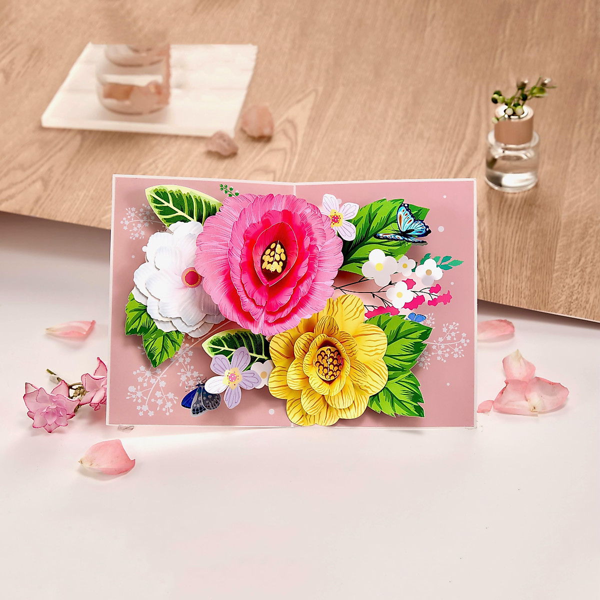 LoveEcho Birthday Card, Elegant Peony& Camellia Pop Up Card, 5x7-3D Greeting Care with Note Card & Envelope for Birthday, Anniversary, Thank You, Thanksgiving, Christmas, Get Well, Thinking of You, Congrats, or Any Occasionfor Her, Women, Wife, Mom, Grand