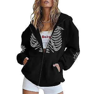 MOUSYA Women’s Skeleton Oversized Zip Up Hoodie Y2k Skull Sweashirt Rhinestone Graphic Hoodies Fall Long Sleeve Pullover Tops Black