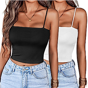 Ekouaer Women's 2pcs Crop Camisole Top Spaghetti Strap Tank Top Basic Cami Shirts Tube Tops