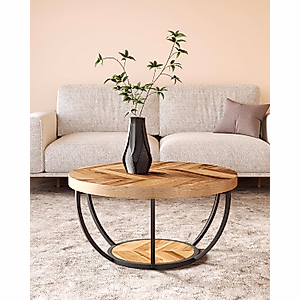 LITTLE TREE Round Coffee Table, 32" Circle Coffee Table for Living Room, 2-Tier Wood Accent Center Table with Open Storage Industrial Design Home Furniture (Wood Grain and Black)