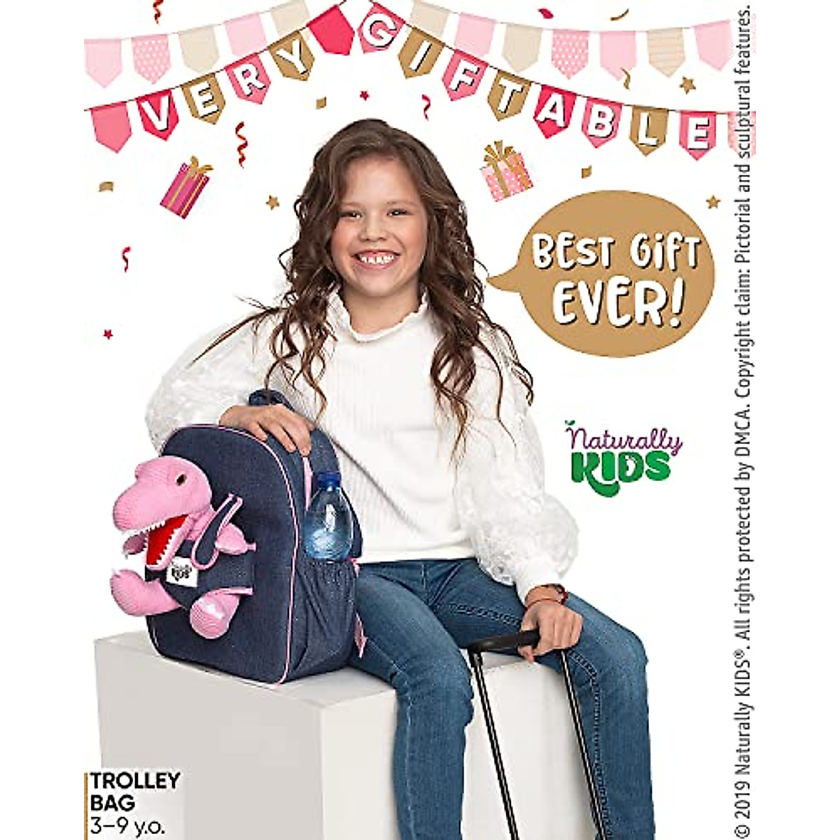 Naturally KIDS Dinosaur Backpack - Dinosaur Toys for Kids 3-5 - Kids Suitcase for Boys Girls w Stuffed Animal - Gifts for 7 Year Old Boy - w Pockets & Reflective Logo - Rolling Backpack w Pink T Rex