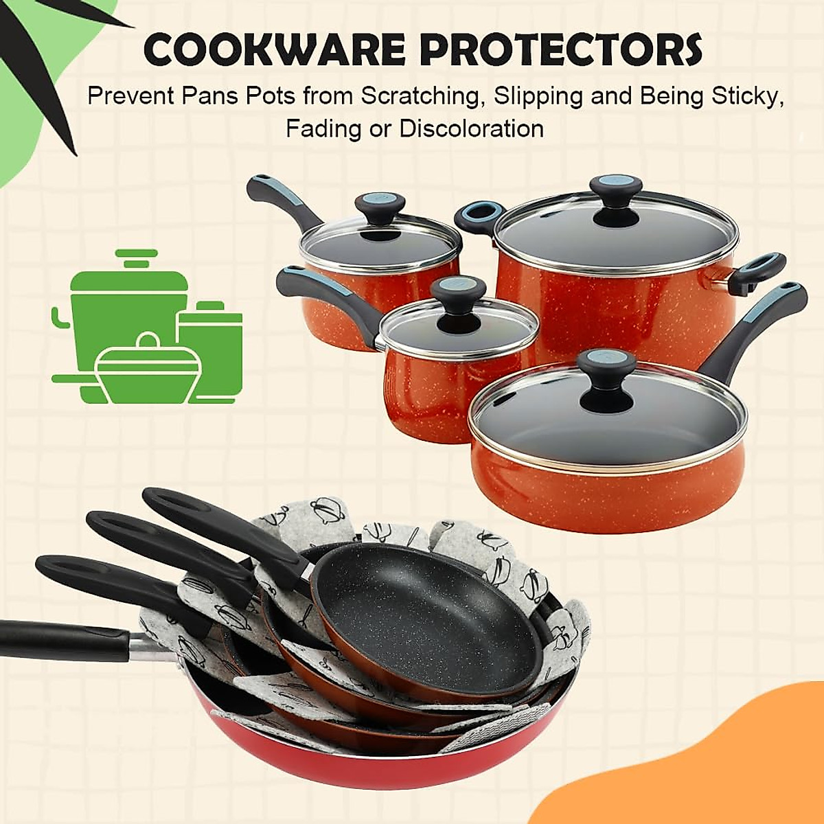 Pot and Pan Protectors, Set of 12 and 3 Different Size, Cookware Protector Set/Pots and Pans Dividers/Pans Separator Anti-Slip to Avoid Scratching or Marring When Stacking