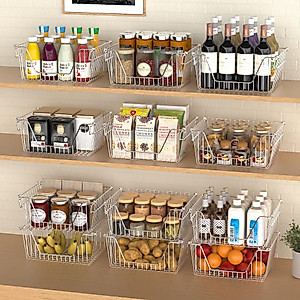 Slideep Large Stackable Storage Baskets Cabinet Organizer Sturdy Metal Wire Pantry Freezer Bin for Pantry Home Bathroom Kitchen Organization 3 Packs