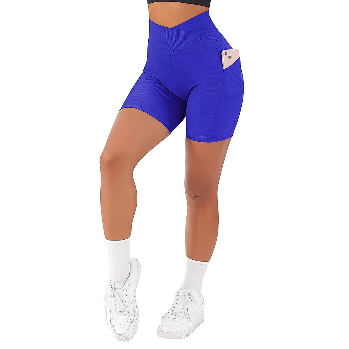 SUUKSESS Women Cross Waist Workout Shorts with Pockets Ribbed High Waisted Booty Biker Shorts (#1 Royal Blue, S)
