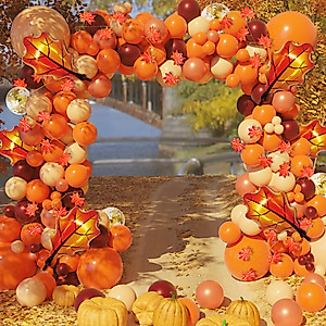 Thanksgiving Balloon Arch Kit,167PCS Fall Balloon Arch Kit, Orange Burgundy Rose Gold Confetti Balloons with Artificial Maple Leaves for Thanksgiving Decorations Autumn Party Baby Shower Decorations