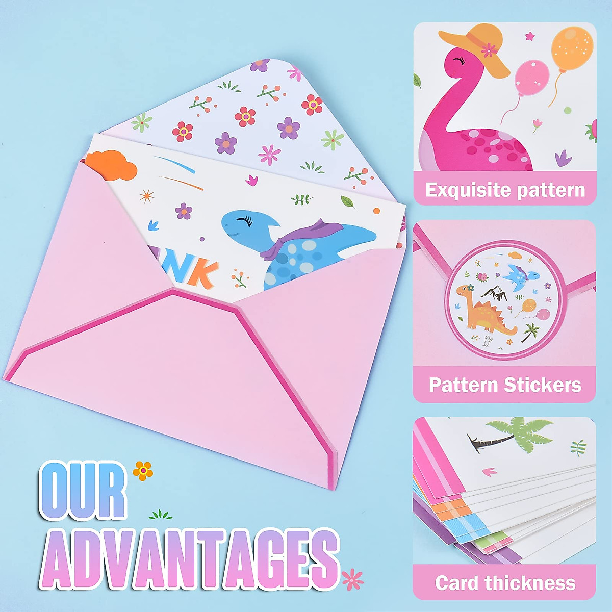 WERNNSAI Dinosaur Thank You Card - 24 Sets Kids Dino Thank You Cards with Envelopes for Toddler Girls Childrens Blank Thank U Notes for Birthday Party Gift Cards 4" X 6"