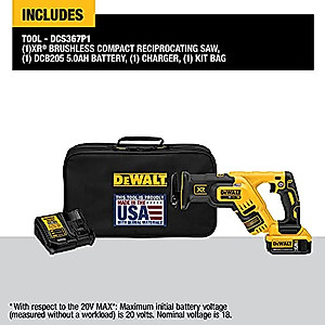 DEWALT 20V MAX XR Compact Reciprocating Saw, 5.0-Amp Hour, Cordless (DCS367P1)
