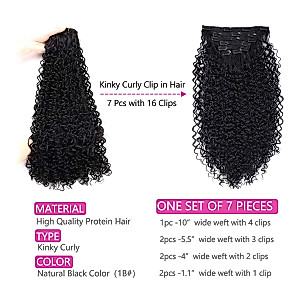 BHF 26 inch Kinky Curly Clip In Hair Extensions, Double Weft Full Head Japanese Heat Resistance Fiber 140g Synthetic Curly Hair Extensions For Women 7pieces (#1B)