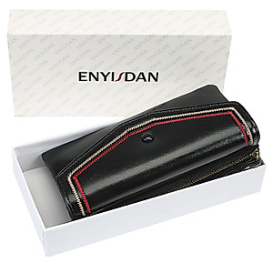 ENYISDAN Detachable Wristlet Wallets for Women 2-in-1 Long Purse Clutch Embroidery Leather Zip Black
