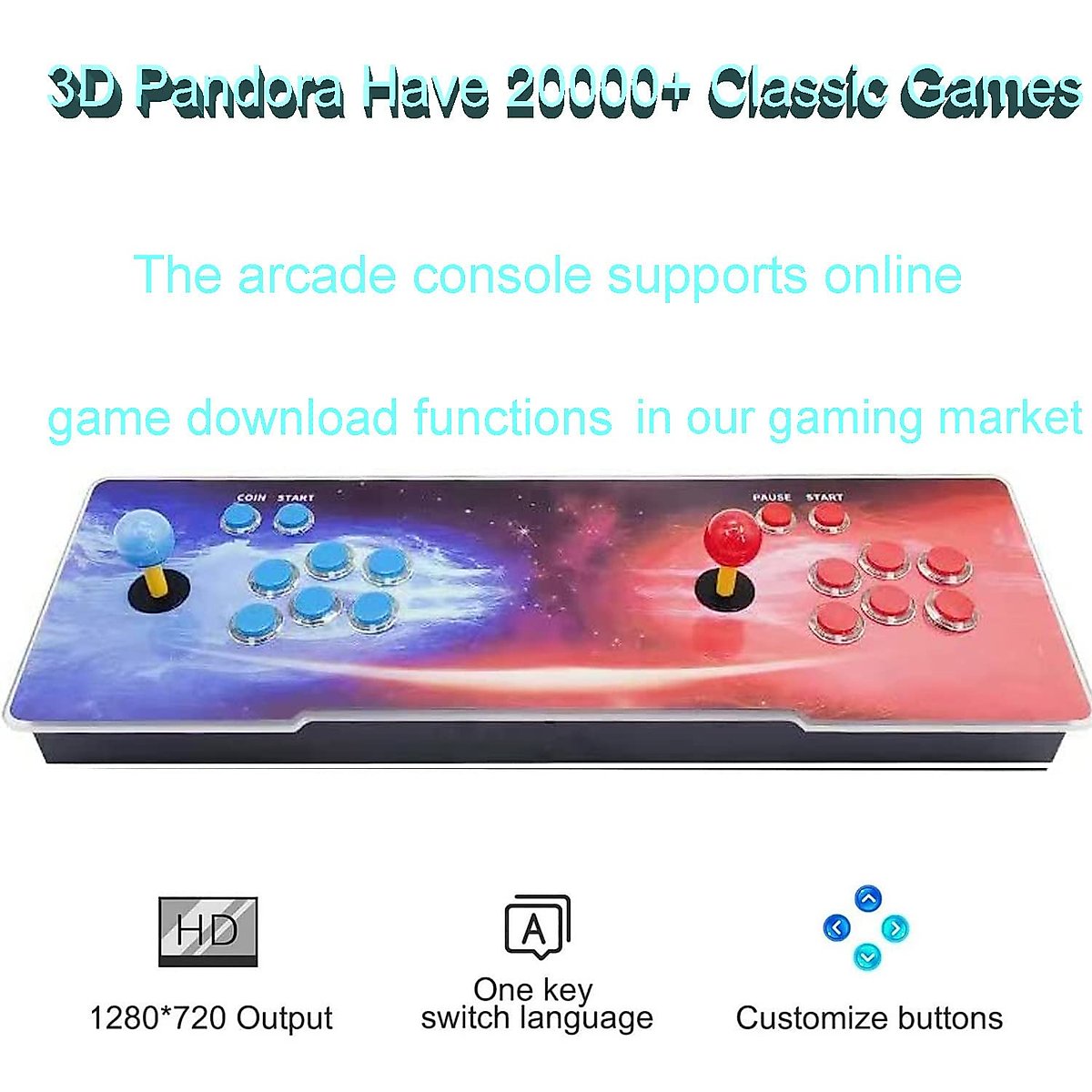 【20000 Games in 1】 Download Function 3D Pandora's Box, 3D Arcade Game Console Support Download Add Extra Game, 3D Game, 1280x720 Full HD, Search/ Save/Pause Game, 4 Players Online Game