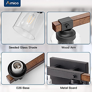 Amico 3-Light Farmhouse Vanity Light Fixture, Rustic Wood Bathroom Light Fixtures, Industrial Vintage Black Wall Sconces Light with Bubble Glass Shade for Mirror, Bedroom, Living Room, Hallway