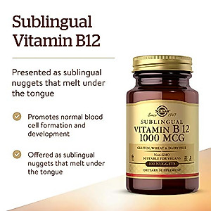 Solgar Vitamin B12 1000 mcg, 100 Nuggets - Energy Production, Red Blood Cells - Healthy Nervous System - Promotes Cardiovascular Health - Vitamin B - Non-GMO, Gluten Free, Kosher - 100 Servings