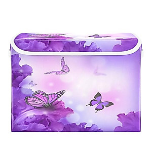 DIGTIA Storage Bins with Lids Butterfly Hydrangeas Purple Foldable Storage Boxes with Handles Spring Large Storage Basket Collapsible Organizer Containers for Closet Home Bedroom Office