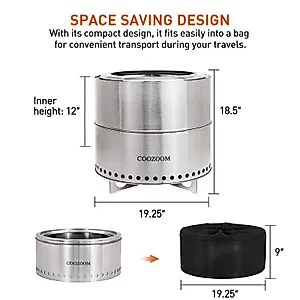 COOZOOM 19 Inch Large Smokeless Fire Pit with Stand Portable Stainless Steel Bonfire Pit Outdoor Wood Burning Firepit for Outside Patio Camping with Carry Bag