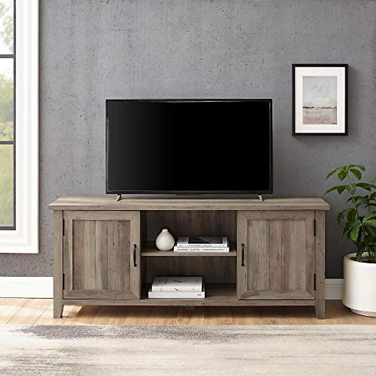 Walker Edison Buren Classic Grooved Door TV Stand for TVs up to 65 Inches, 58 Inch, Grey Wash
