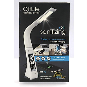 OttLite Thrive LED Sanitizing Desk Lamp with Clock and USB Charging - Eliminates up to 99.9% of Bacteria, Touch Activated, Flexible Neck, Modern Light for Reading, Crafting & Office Desktop