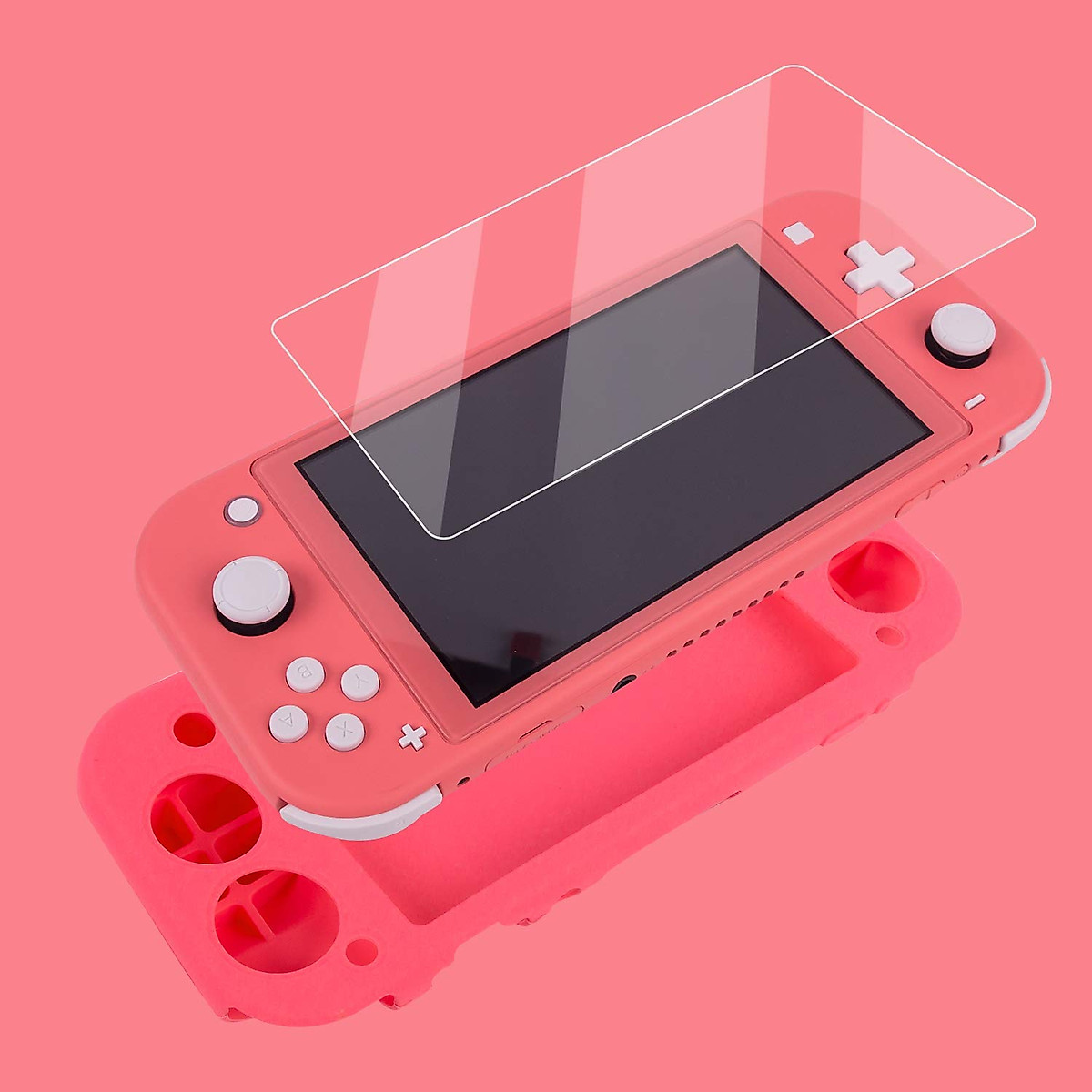Silicone Protective Case for Nintendo Switch Lite, Soft Grip Case Cover with Comfort Ergonomic Handles for Nintendo Switch Lite 2019 [Self Stand][4 Thumb Stick Caps] (Silicone Grip-Pink)