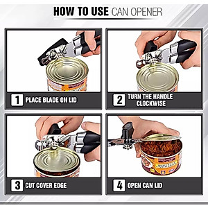 ANDILL Can Opener Manual, Good Grips Anti-slip Hand Grip, Stainless Steel Sharp Blade, with Large Turn Knob, Black/Silver, 8.26 x 2.36 x 2