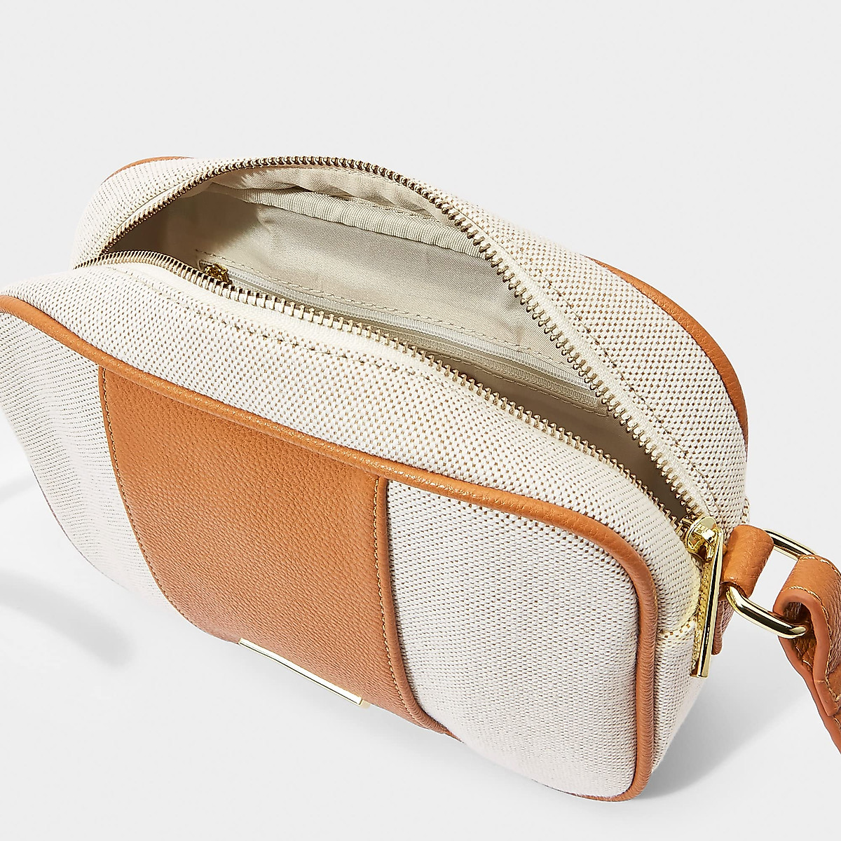 KATIE LOXTON Amalfi Womens Medium Canvas and Vegan Leather Adjustable Strap Crossbody Handbag Purse Cream and Brown