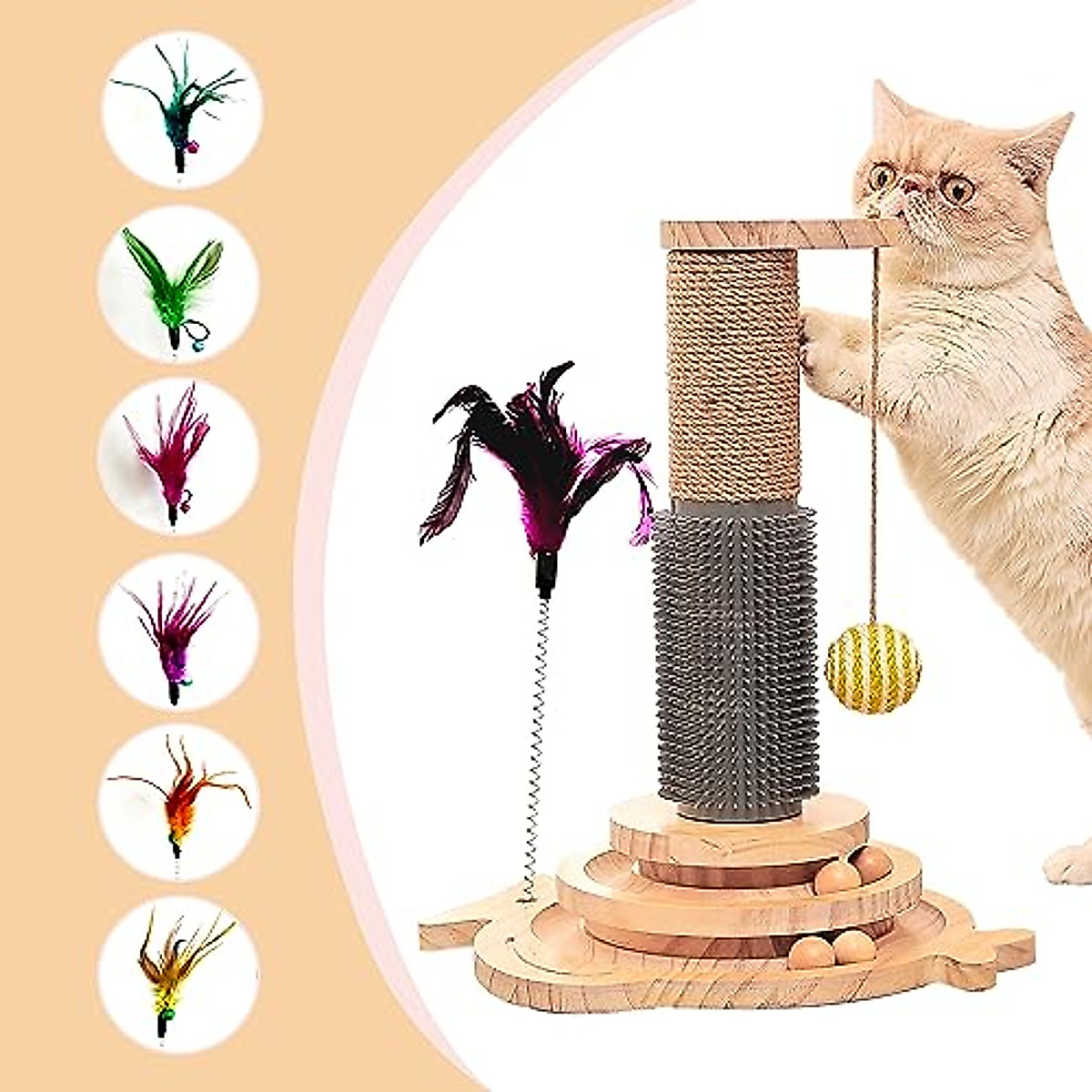 PetnFam 5in1 Sturdy Base Cat Scratching Post,Cat Scratcher Includes 6 Spare Teasing Sticks,Premium Sisal Tall Scratcher Interactive Track Toys,Massage Brush,Dangling Ball for Indoor Kittens and Cats