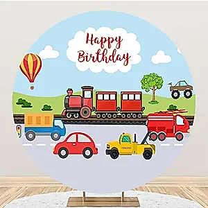 AWERT Polyester Diameter 7.5ft Round Boy Transportation Theme Backdrop for Happy Birthday Party Cartoon Train Truck Car Photography Background Kids Bday Party Decoration Banner