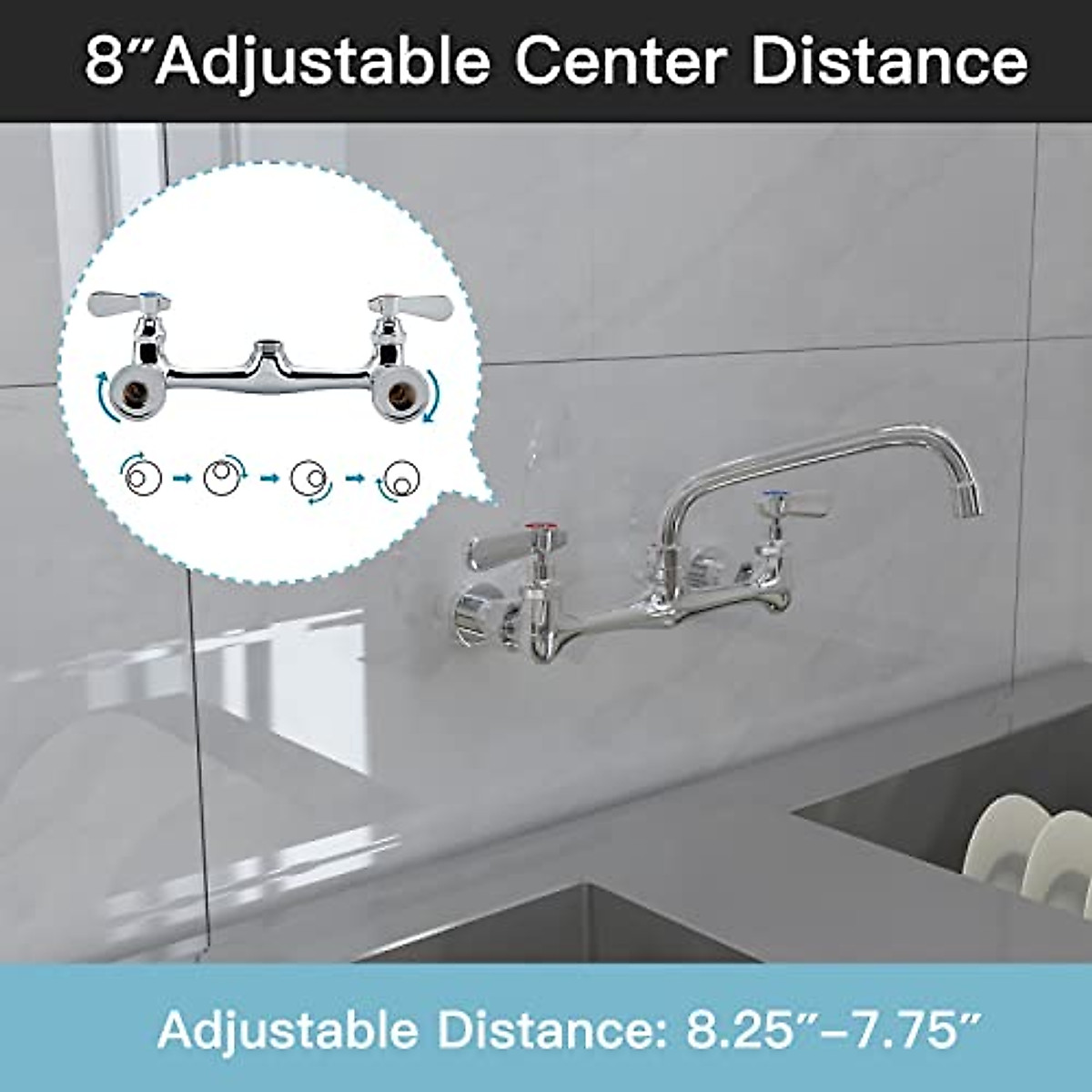 Kitchen Faucet Wall Mount Commercial Sink Faucet Kitchen Utility Laundry 8 Inch Swivel Spout 2 Dual Handle Restaurant Chrome Mixer Tap