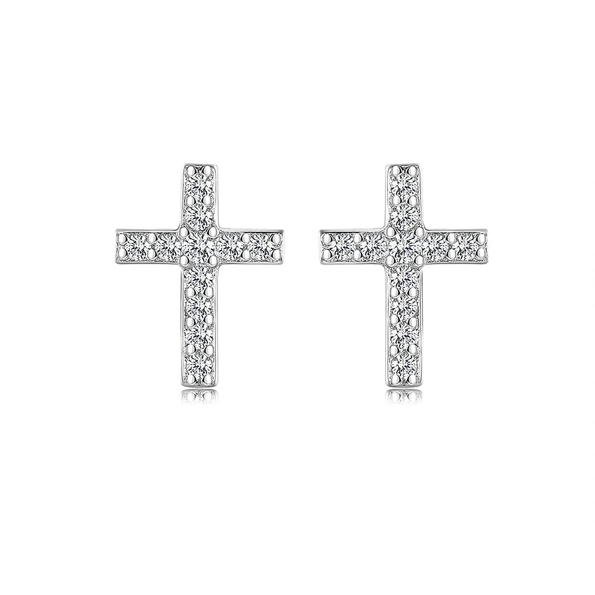 S925 Sterling Silver Dainty Small Tiny Cross with Pave Clear Cubic Zirconia Stud Earrings Fashion Jewelry for Women