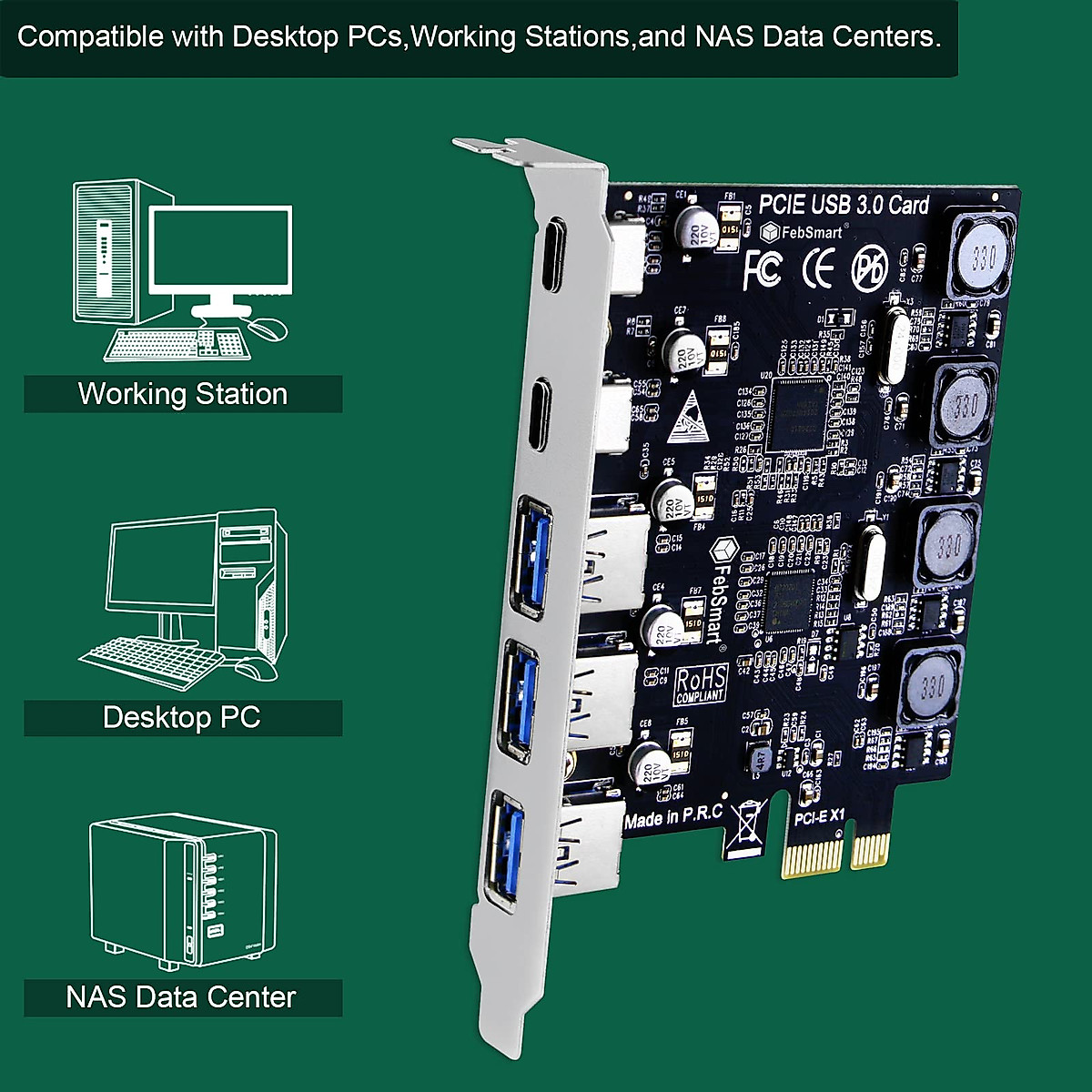 FebSmart 5-Ports Superspeed 5Gbps USB 3.0 PCIE USB Card for Windows and Linux Desktop PCs, 3X USB-A & 2X USB-C Ports, Built in Self-Powered Technology, No Need Additional Power Supply (FS-U3C2-Pro)