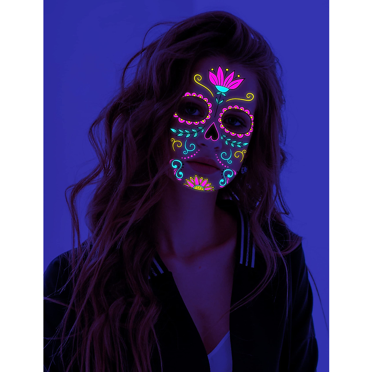 Beilingdun Halloween & Day of the Dead Sugar Skull Glowing Temporary Face Tattoos (8 Packs),Roses Spider Net and Floral Black Skeleton Web Red Roses Full Face Mask Tattoo for the halloween &Night Party