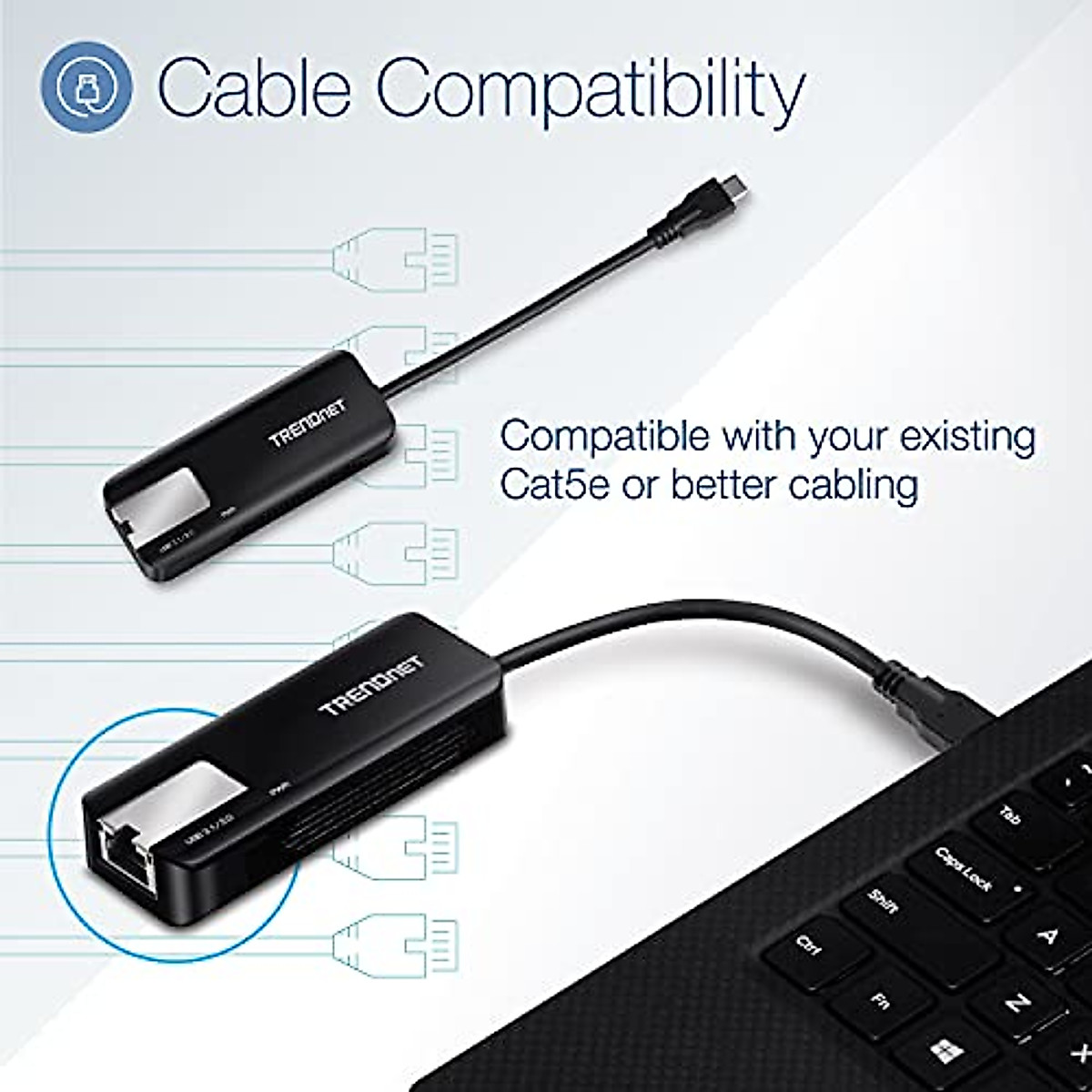 TRENDnet USB-C 3.1 to 5GBASE-T Ethernet Adapter, 2.5GBASE-T RJ-45, Integrated 12.6cm (4.9 in) USB Type C Cable, Compatible with Cat5e Or Better Cabling, Windows Compatible, Black, TUC-ET5G