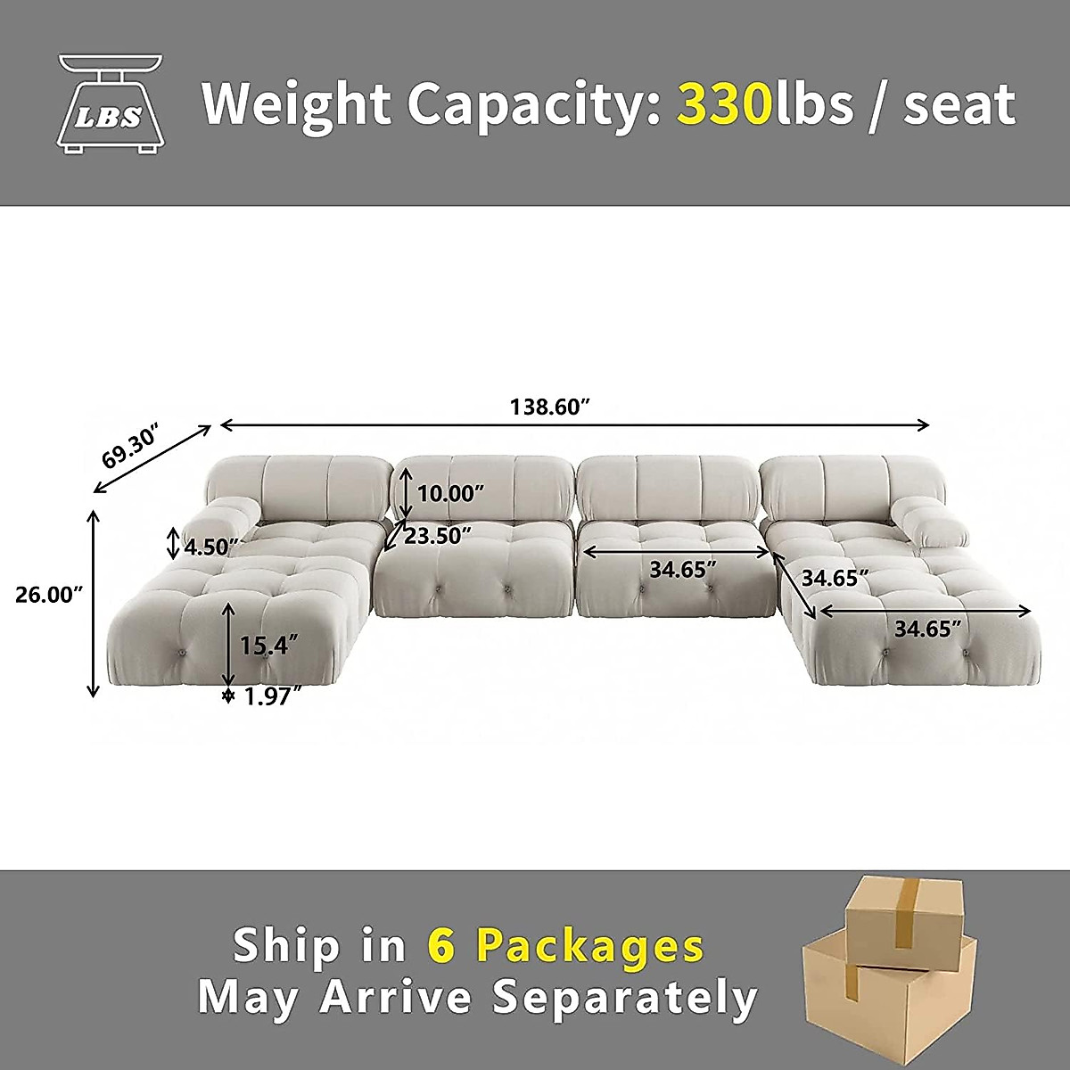 JACH 138" Modular Sectional Couch, U-Shaped Minimalist Velvet Sofas with Chaise Ottomans, Convertible Modern Deep 6-Seat Sofas Furniture for Living Room, Apartment (Beige)