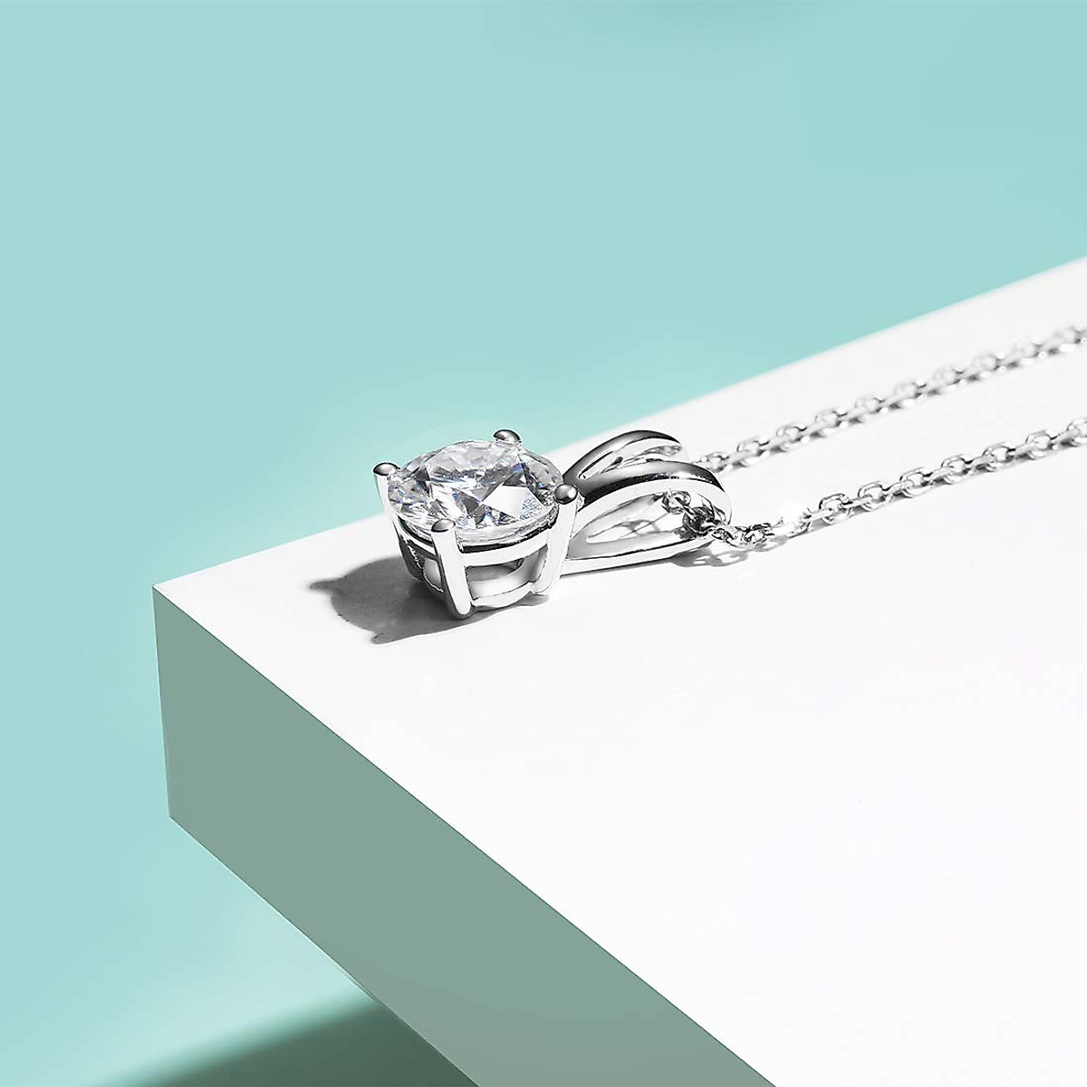 FANCIME 14k Solid White Gold Round 4 Prong 1 Carat Moissanite Simulated Diamond 6.5mm D-E Color VVS Clarity Pendant Necklace For Women, 16" + 2" Extender