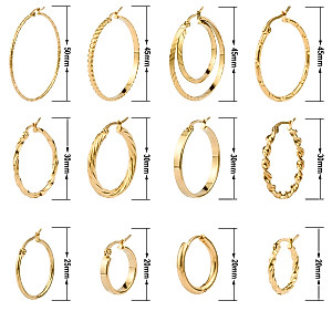 Jinxiuge 12 Pairs Gold Hoop Earrings Set Stainless Steel Twisted Round Small Chunky Hoop Earrings for Women Teen
