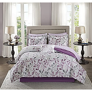 Madison Park Essentials Cozy Bed In A Bag Comforter with Complete Cotton Sheet Set - Trendy Floral Design All Season Cover, Decorative Pillow, Twin(68"x86"), Leaf Purple 9 Piece