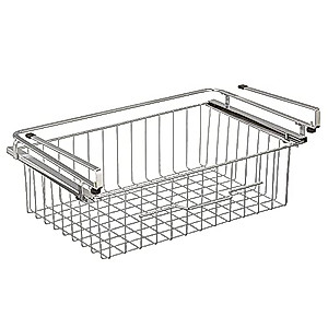 mDesign Large Metal Wire Hanging Pullout Drawer Basket - Sliding Under Shelf Storage Organizer - Attaches to Shelving - Easy Install - Chrome