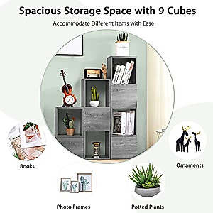 Tangkula Wooden Cube Bookcase, Freely Combined Storage Bookshelf with 9 lattices, Modern DIY Irregular Bookcase for Living Room, Stepped Bookcase and Bookshelves for Home Office Decor (Grey)