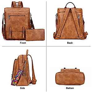 HKCLUF Backpack Purse for Women Vegan Leather Travel Backpack Multipurpose Design Convertible Satchel Bag Handbag and Purse 2Pcs Pack Backpack with Tassel(Brown)