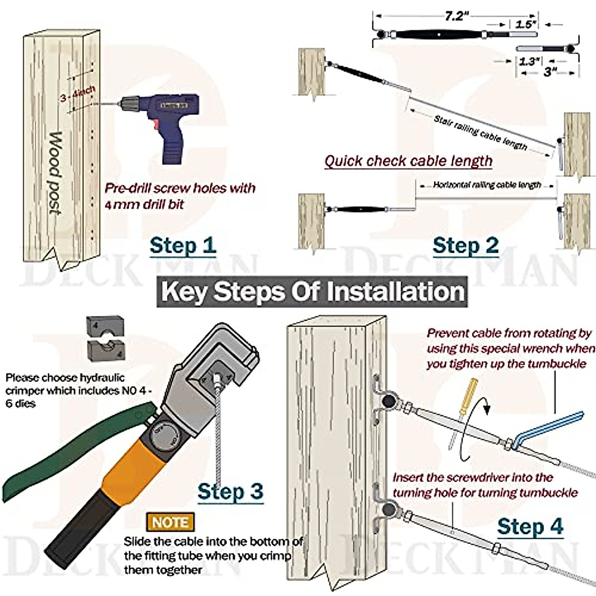 Deck Man T316-Stainless Steel Adjustable Angle 1/8" Cable Railing Kit/Hardware for Wood Post，Marine Grade (30 Pack)