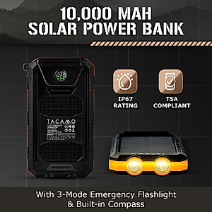 TACAMO® Solar Power Bank Portable Charger - IP67 Waterproof and Dustproof - TSA Compliant - for Backpacking and Camping - Dual USB Port, Fast Charging Battery Pack with 3-Mode Emergency Flashlight