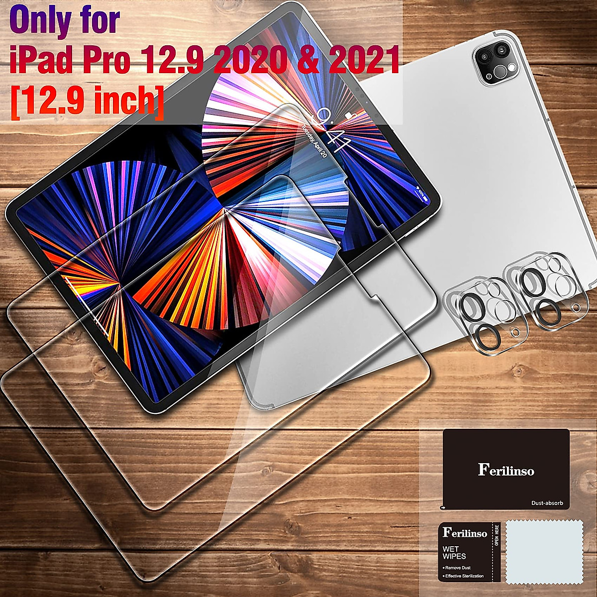 Ferilinso Designed for iPad Pro 12.9 Inch Screen Protector Accessories 2022 2021 2020 4th 5th 6th Generation 2 Pack Tempered Glass with 2 Pack Camera Lens Protector 9H Hardness Face ID Suitable