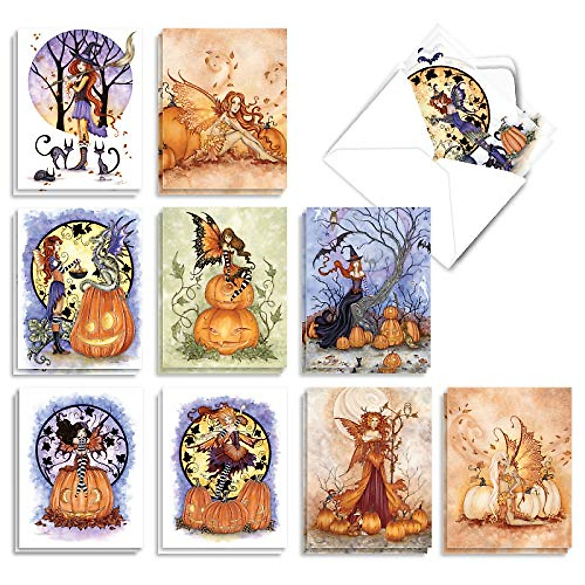 The Best Card Company - 20 Happy Halloween Note Cards Boxed (10 Designs, 2 Each) - Spooky Notecard Assortment (4 x 5.12 Inch) - Fall Fairies AM3372HWG-B2x10