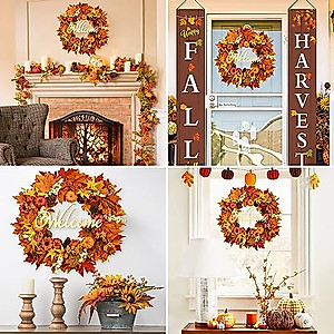 Waipfaru Fall Wreaths for Front Door, 20'' Autumn Fall Wreath with Lights and Welcome Sign, Fall Leaf Outdoor Wreath for Thanksgiving Farmhouse Front Porch Patio Decor