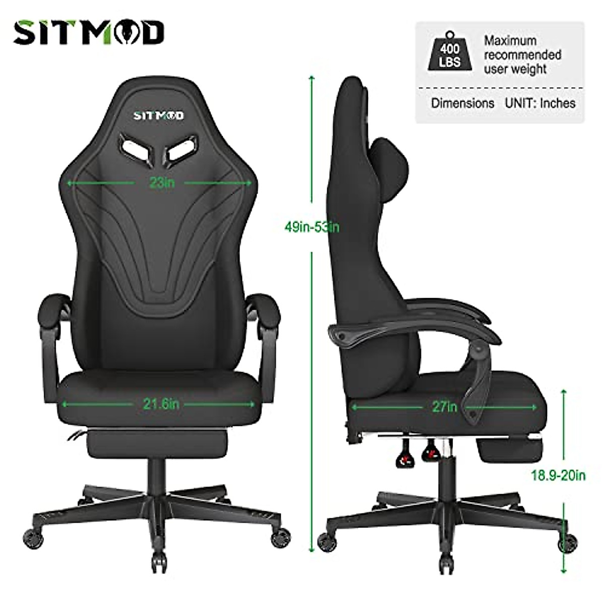SITMOD Gaming Chair, Ergonomic Fabric Gaming Chair, Adjustable Computer Chair with Footrest and Lumbar Support, Reclining Gamer Chair PC Racing Chair Massage Office Gaming Chairs for Adult(Black)